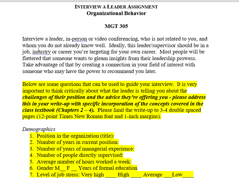 Solved INTERVIEW A LEADER ASSIGNMENT Organizational Behavior | Chegg.com