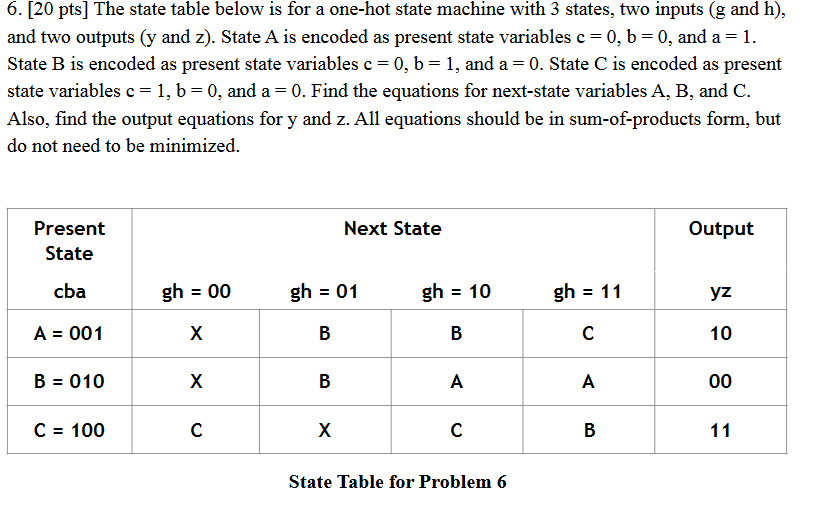 Solved 6. [20 pts] The state table below is for a one-hot | Chegg.com