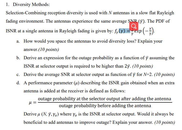 1. Diversity Methods: Selection-Combining reception | Chegg.com