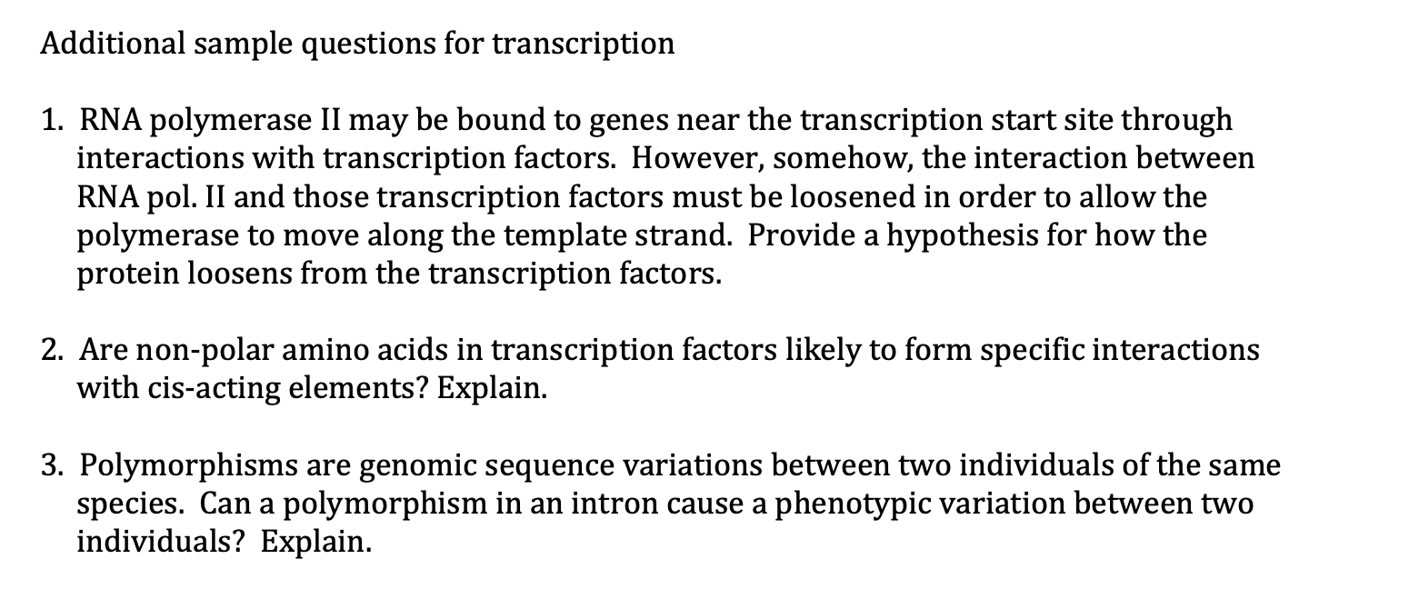 Solved Additional sample questions for transcription 1. RNA | Chegg.com