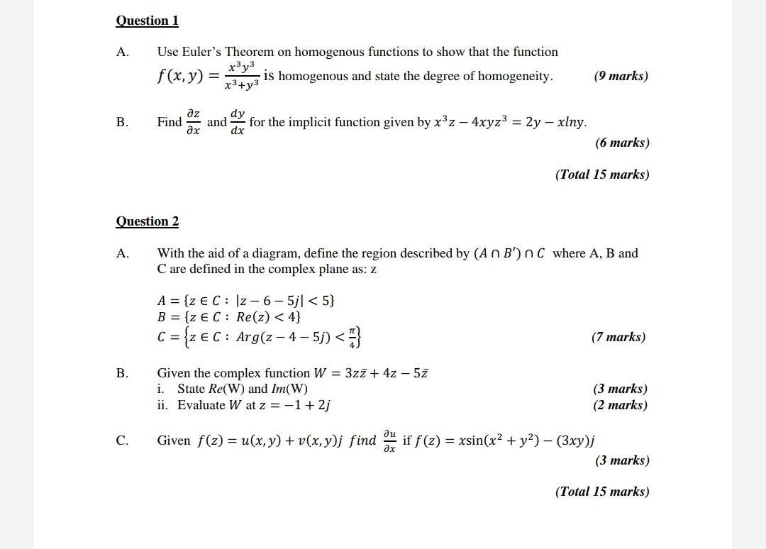 Solved Question 1 A. Use Euler's Theorem on homogenous | Chegg.com