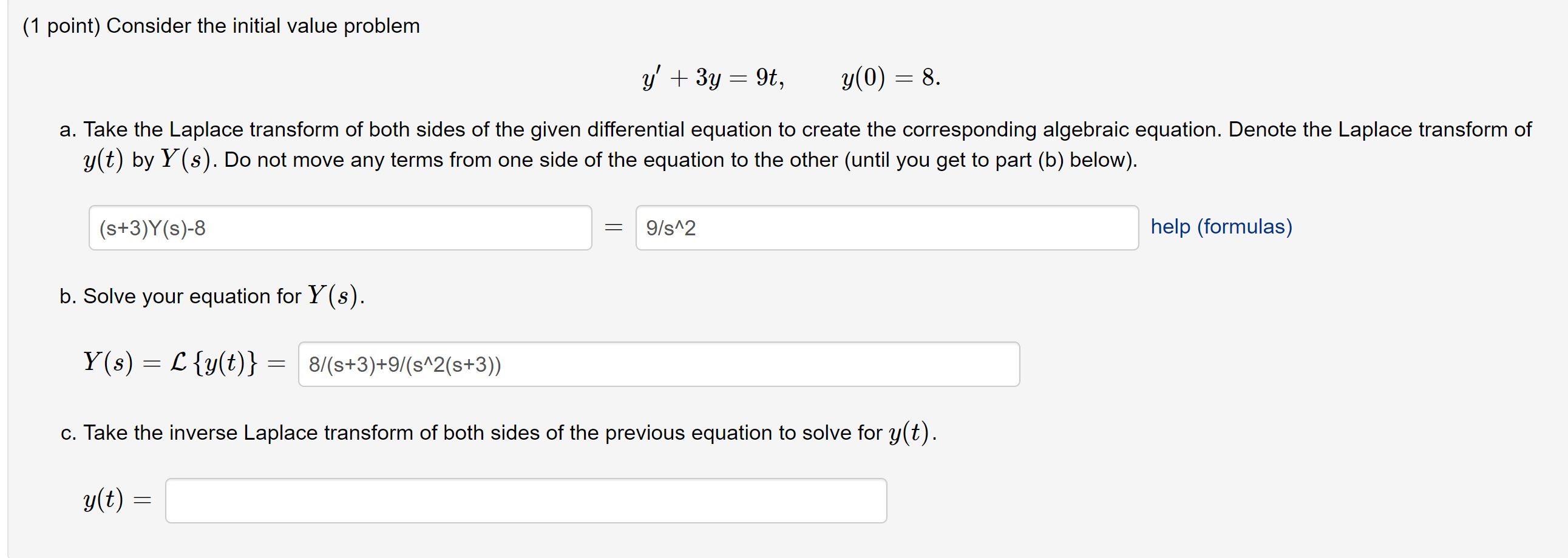 Solved (1 point) Consider the initial value problem y' + 3y | Chegg.com