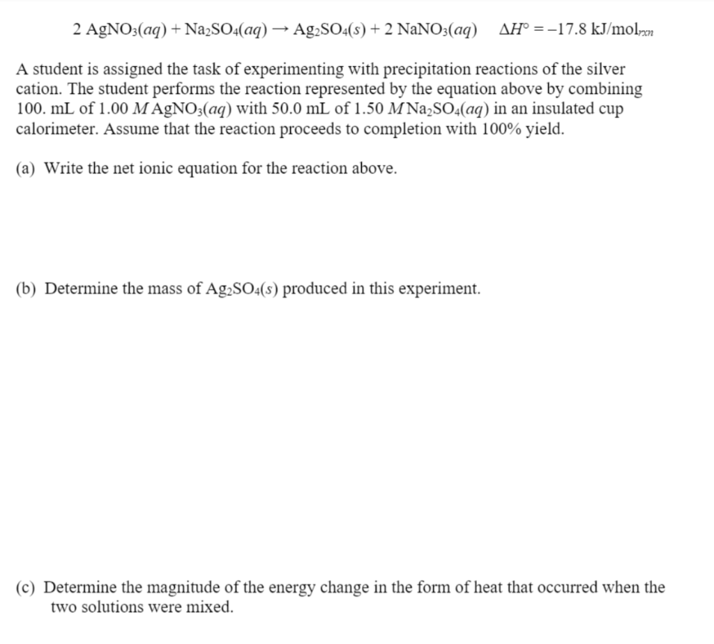 Solved 2 AgNO3(aq) + Na2SO4(aq) → Ag2SO4(s) + 2 NaNO3(aq) | Chegg.com
