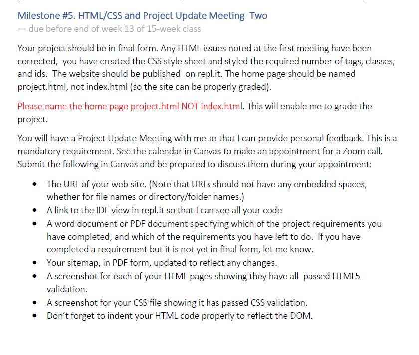 Solved Milestone \#5. HTML/CSS and Project Update Meeting | Chegg.com