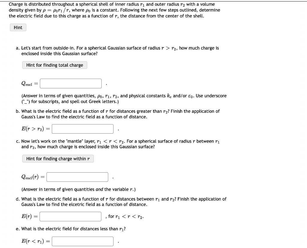 Solved Charge is distributed throughout a spherical shell of | Chegg.com