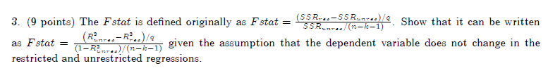 Solved 3. (9 points) The Fstat is defined originally as | Chegg.com