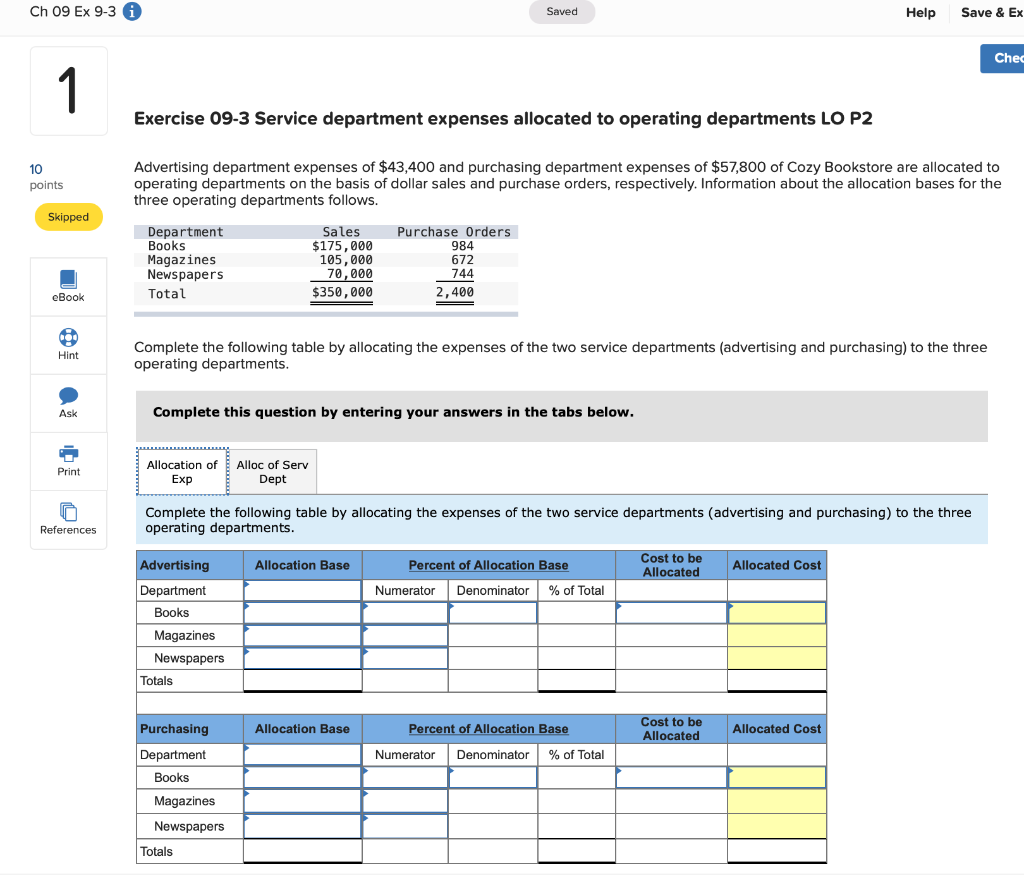 Solved Ch 09 Ex 9-3 Saved Help Save & Ex Ches 1 Exercise | Chegg.com