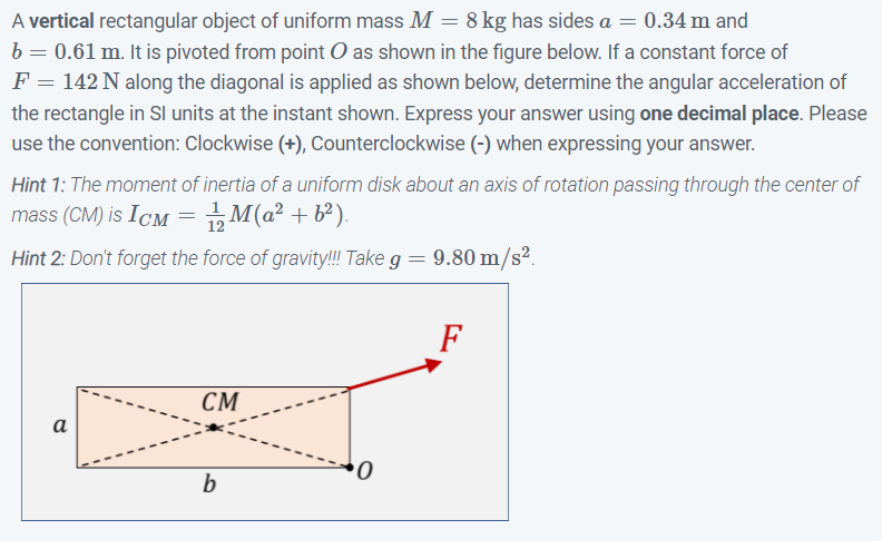 Solved = A vertical rectangular object of uniform mass M = 8 | Chegg.com