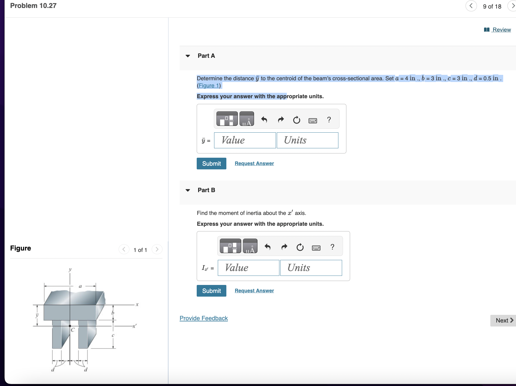Solved Part ADetermine the distance ?bar (y) ﻿to the | Chegg.com
