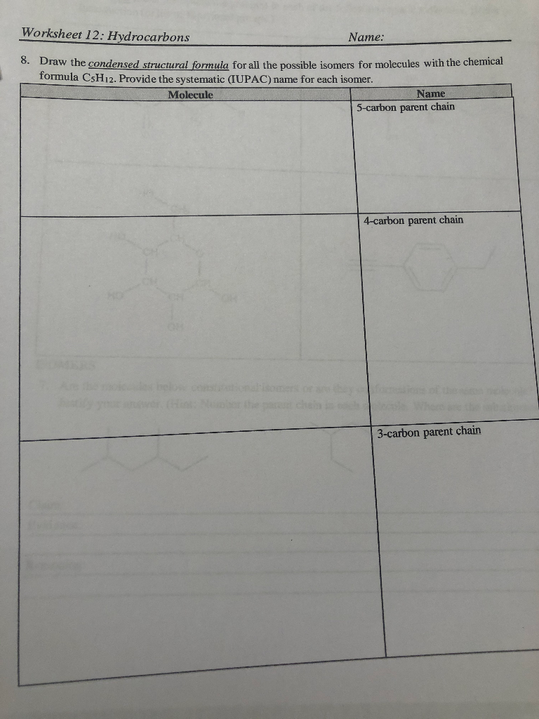 Solved Worksheet 12: Hydrocarbons Name: 8. Draw the | Chegg.com