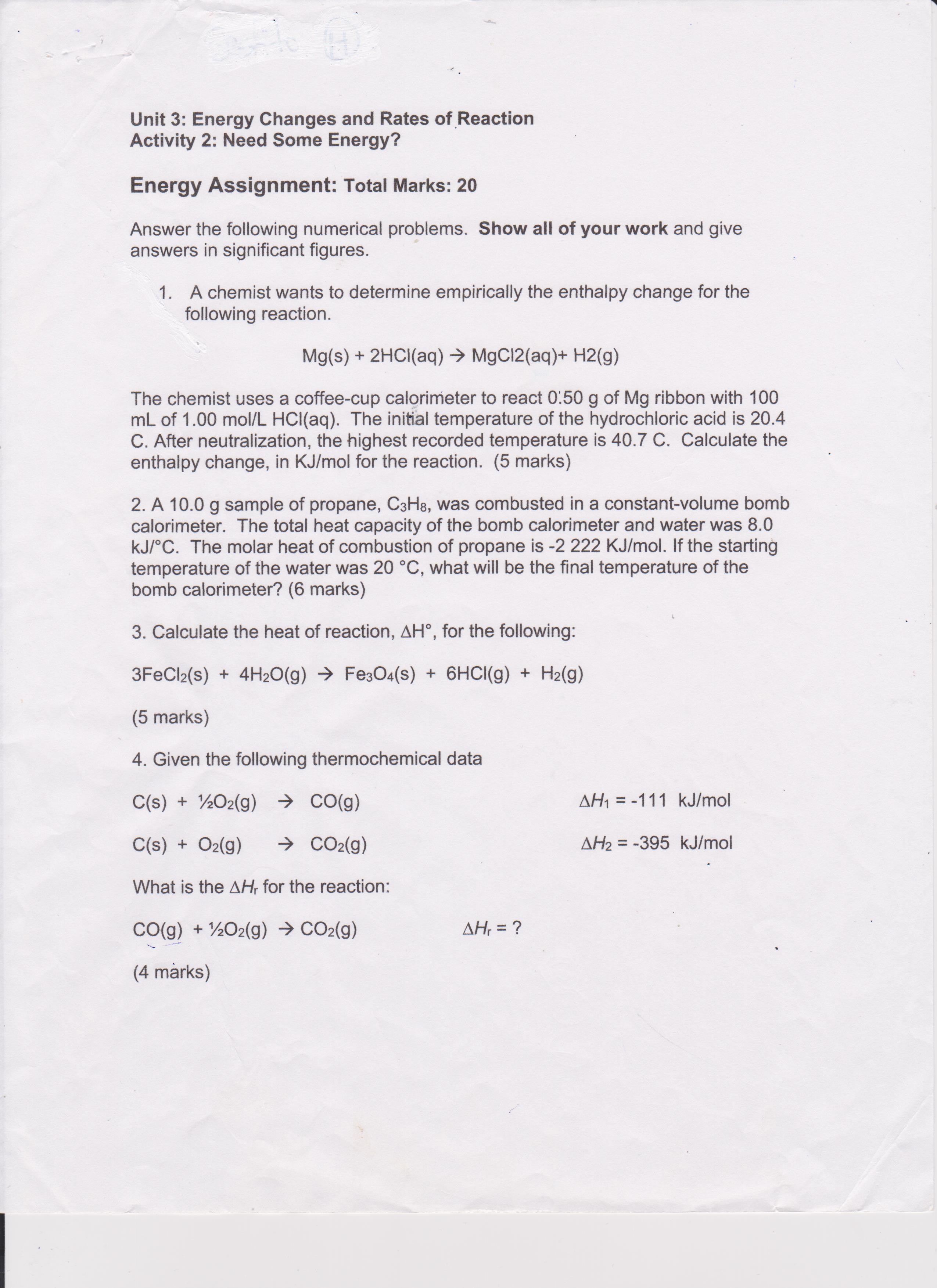 Solved Unit 3: Energy Changes and Rates of Reaction Activity | Chegg.com