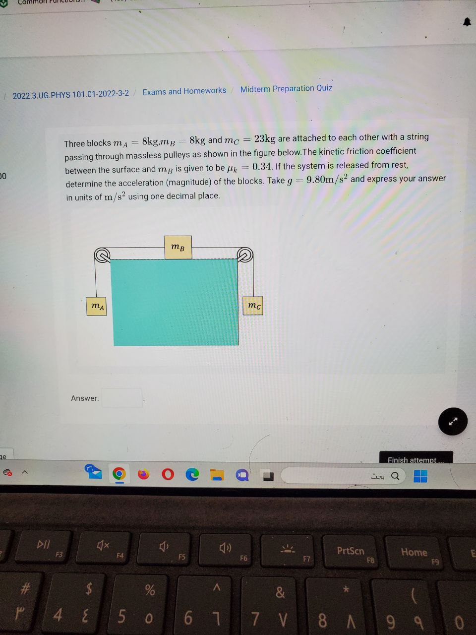 Solved Three blocks mA=8 kg,mB=8 kg and mC=23 kg are | Chegg.com