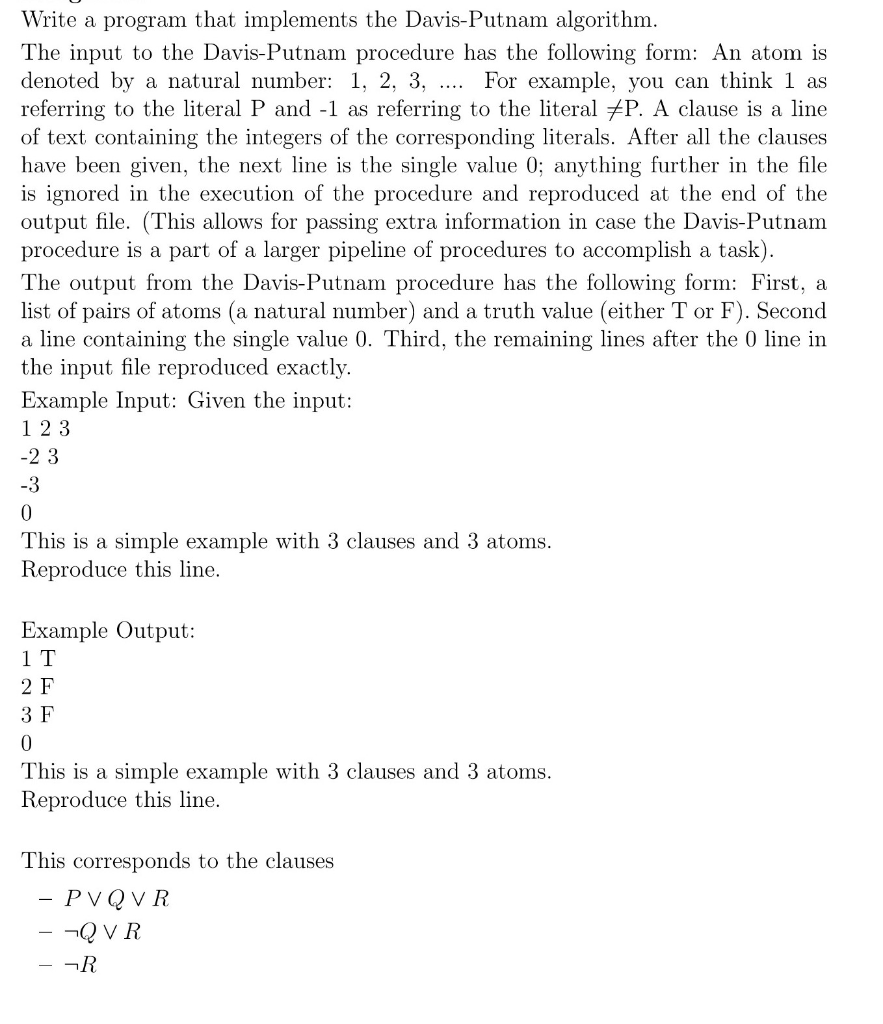 Write a program that implements the Davis-Putnam | Chegg.com