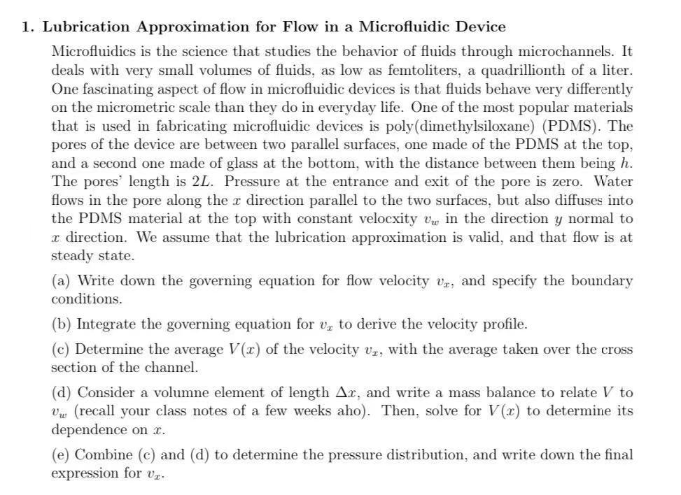 1. Lubrication Approximation for Flow in a | Chegg.com