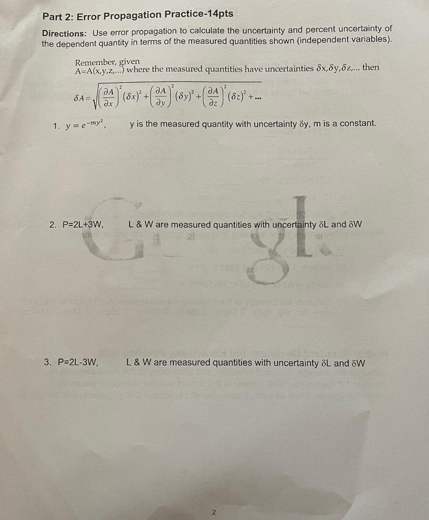 Solved Part 2: Error Propagation Practice-14pts Directions: | Chegg.com Solved Part 2: Error Propagation Practice-14pts Directions: | Chegg.com