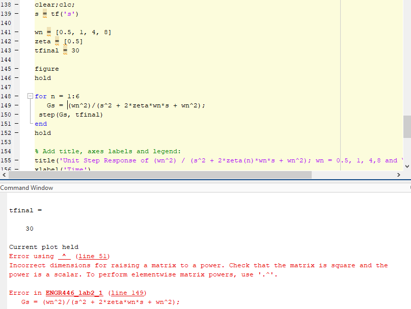 Solved 138 - 139 - 140 clear;clc; s = tf('s') 141 - 142 wn | Chegg.com