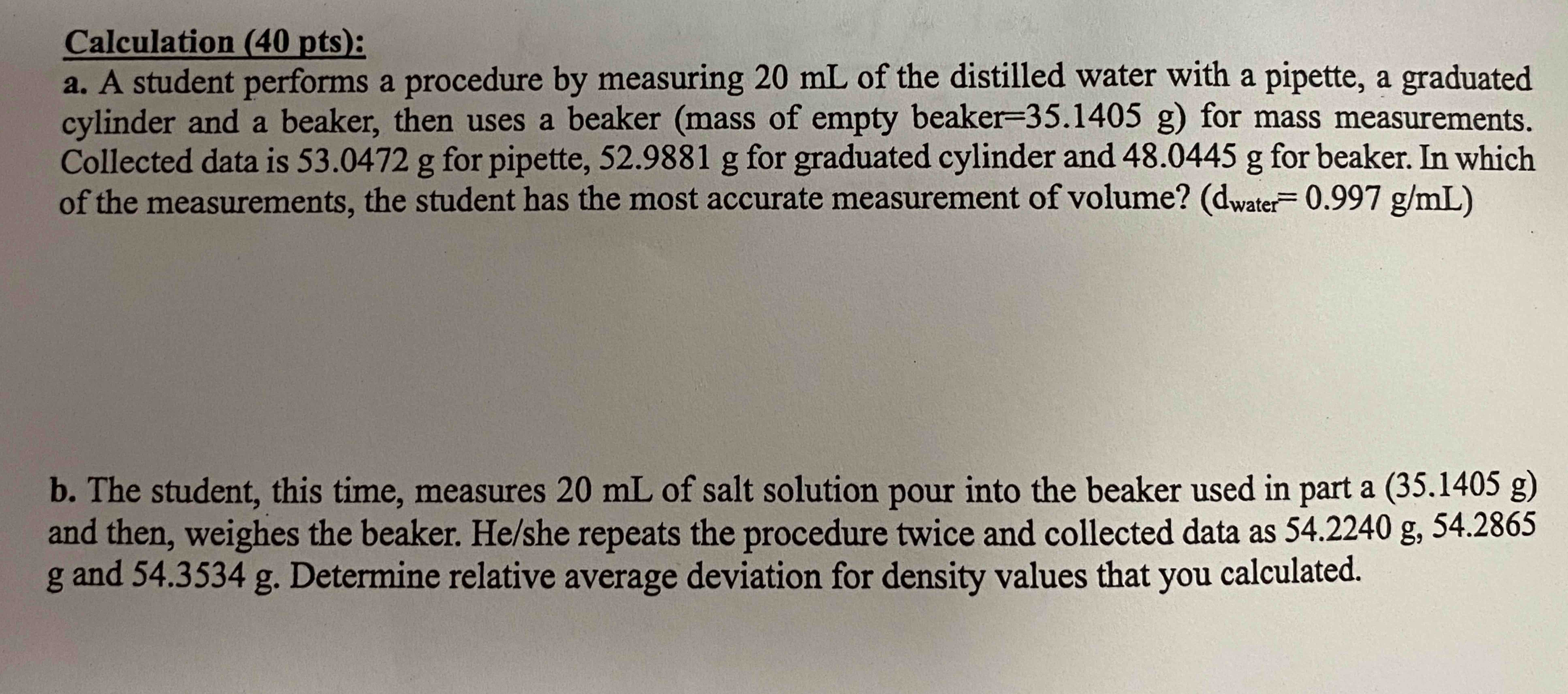 Solved Calculation (40 ﻿pts):a. ﻿A student performs a | Chegg.com