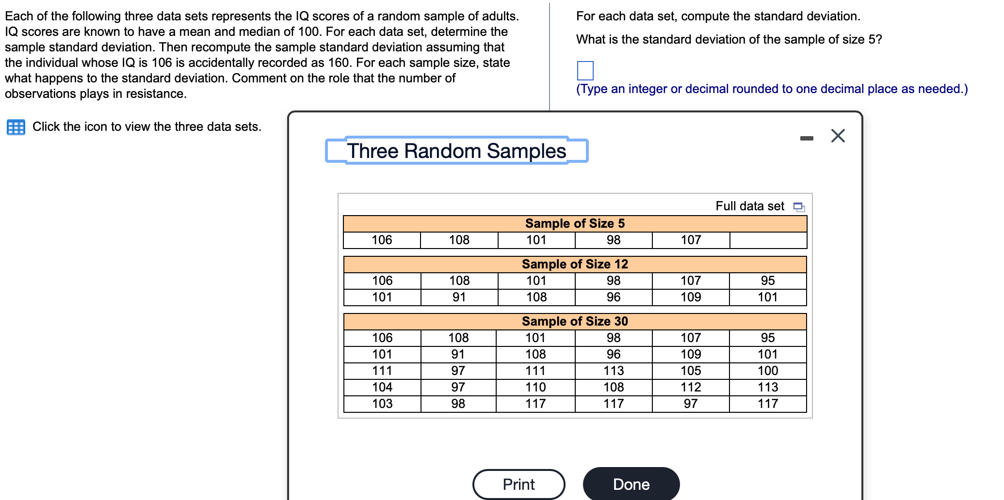 Each of the following three data sets represents the | Chegg.com