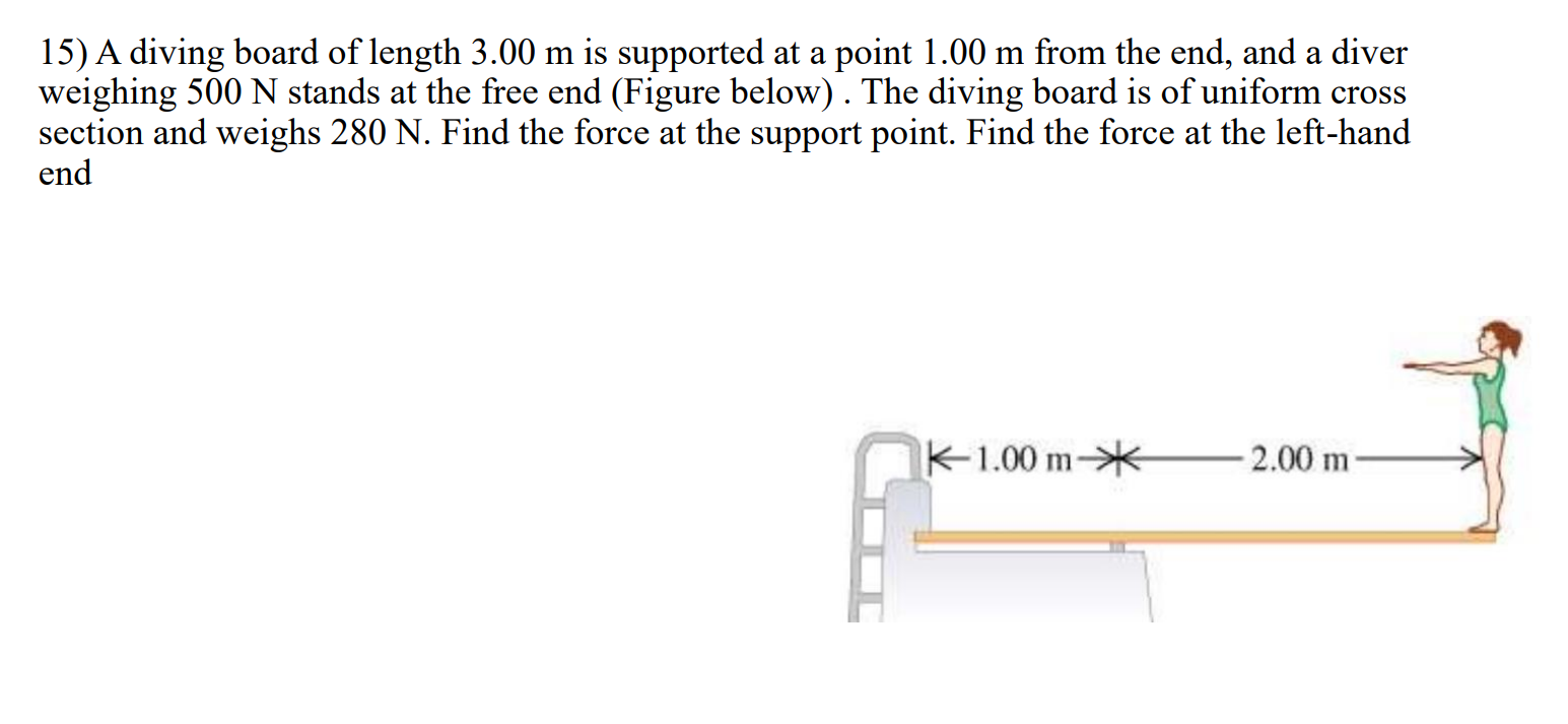 Solved 15) A diving board of length 3.00 m is supported at a | Chegg.com