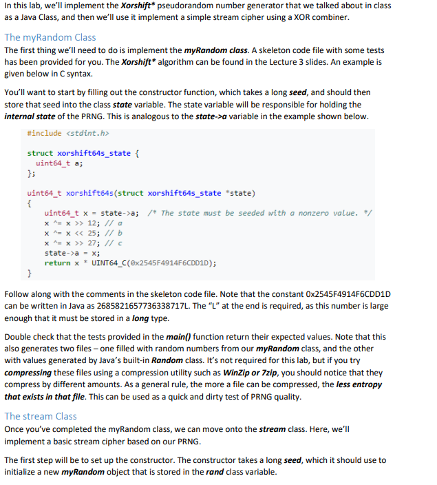 Solved In this lab, we'll implement the Xorshift* | Chegg.com