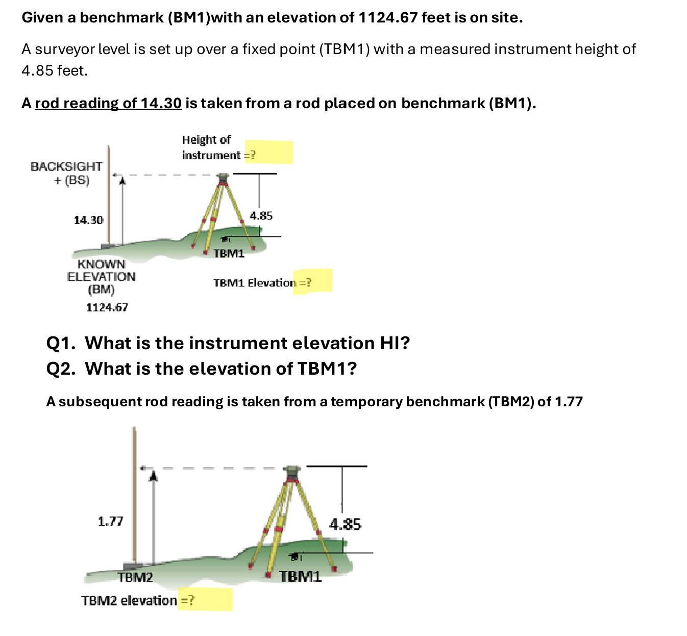 Solved Given a benchmark (BM1)with an elevation of 1124.67 | Chegg.com