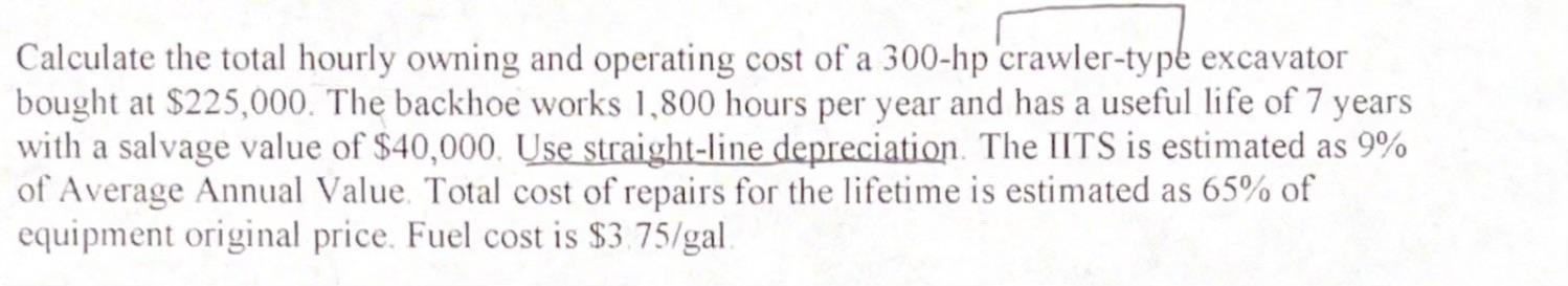 Solved Calculate the total hourly owning and operating cost | Chegg.com