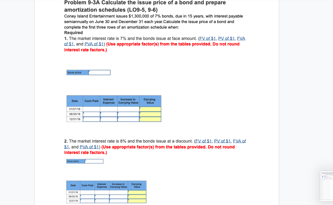 Solved Problem 9-3A Calculate the issue price of a bond and | Chegg.com