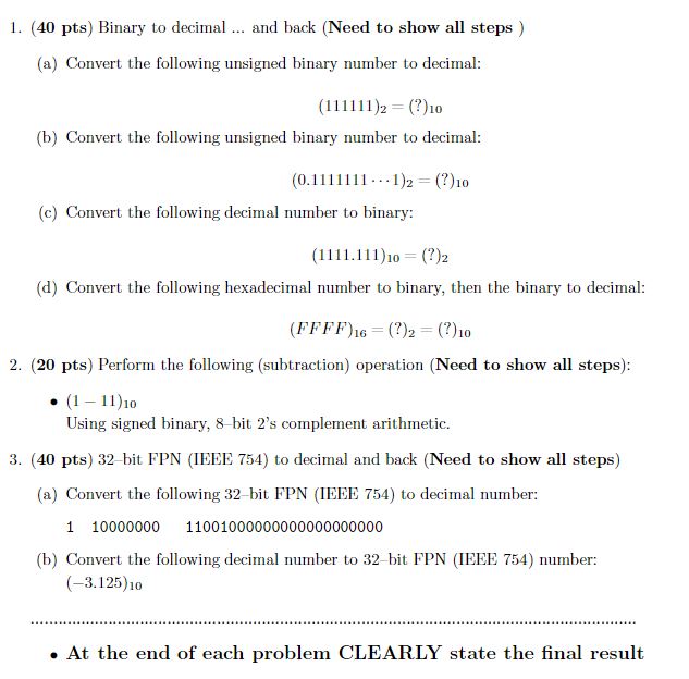 Solved (40 ﻿pts) ﻿Binary to decimal ... ﻿and back (Need to | Chegg.com