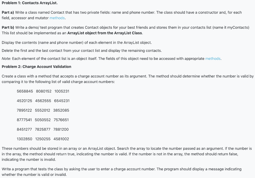 Solved Problem 1: Contacts ArrayList. Parta) Write a class | Chegg.com
