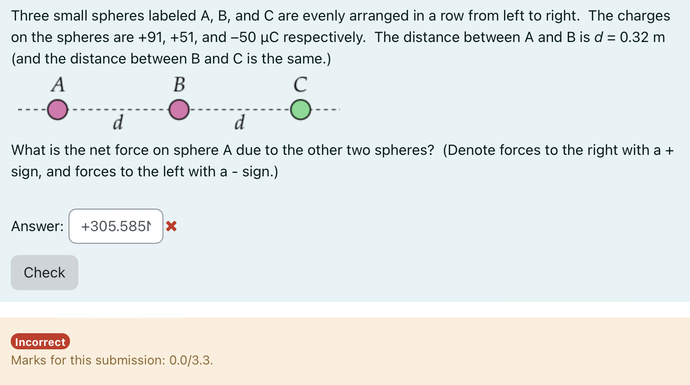 Solved Three small spheres labeled A,B, ﻿and C ﻿are evenly | Chegg.com