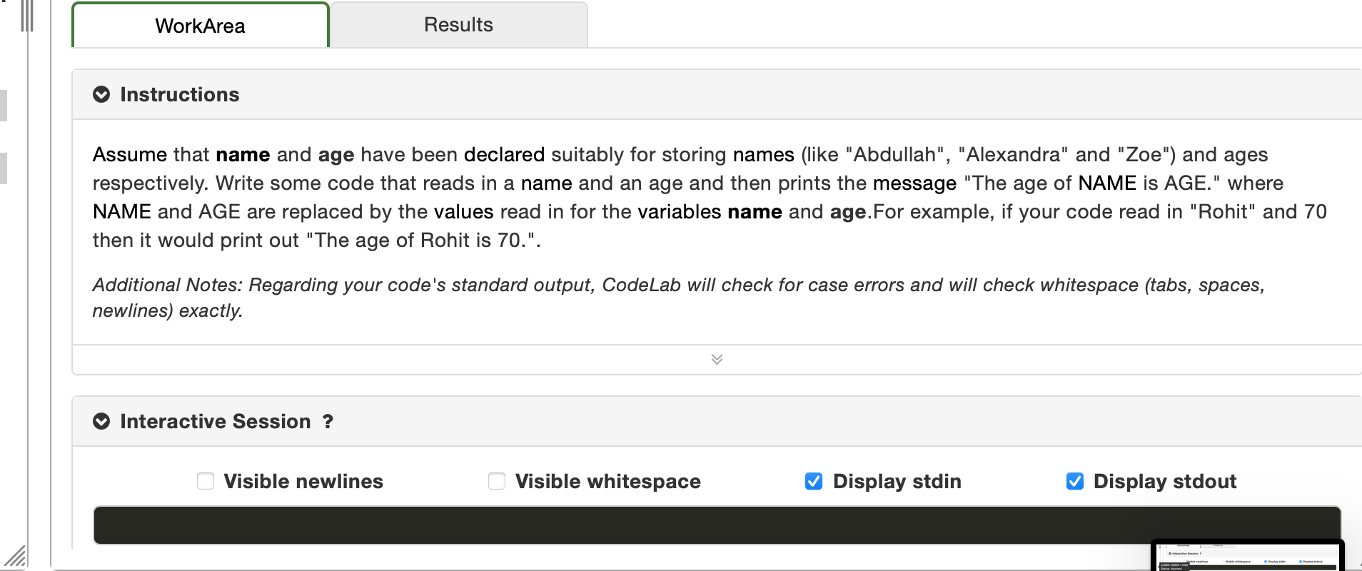 Solved WorkArea Results Instructions 3 Assume that name and | Chegg.com