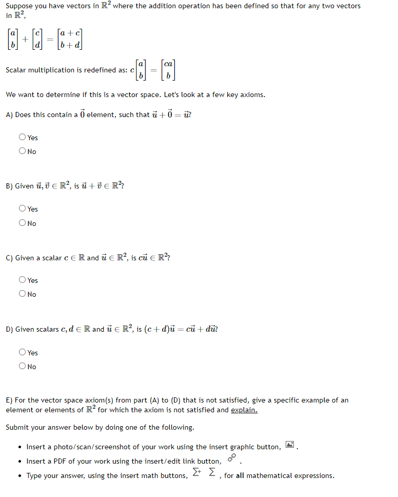 Solved Suppose you have vectors in R2 where the addition | Chegg.com