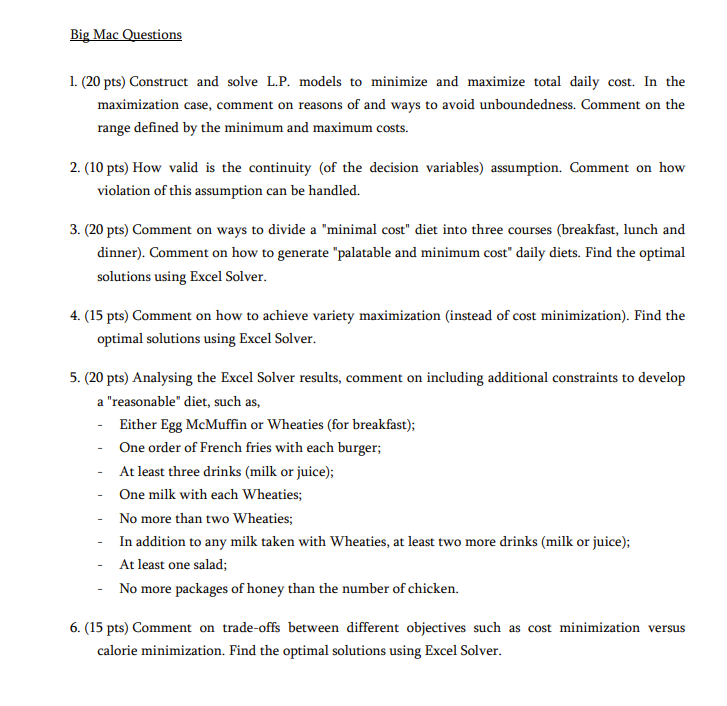 Solved Consider the diet problem summarized in the following | Chegg.com