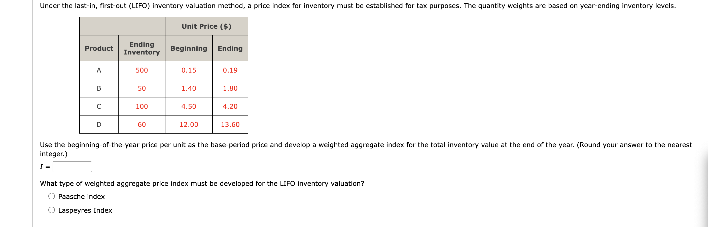 Solved integer.) I= What type of weighted aggregate price | Chegg.com