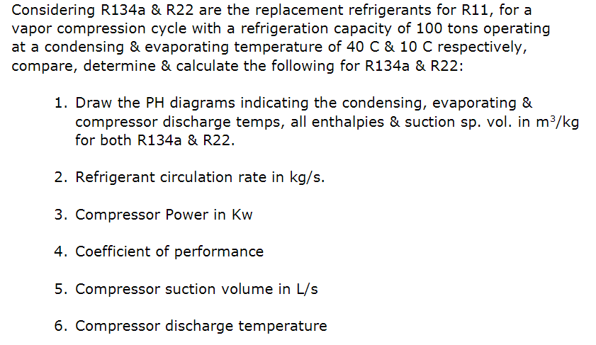 Solved Considering R134a & R22 are the replacement | Chegg.com