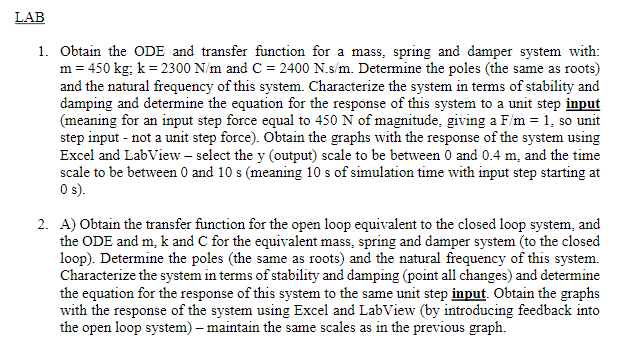 LAB 1. Obtain the ODE and transfer function for a | Chegg.com