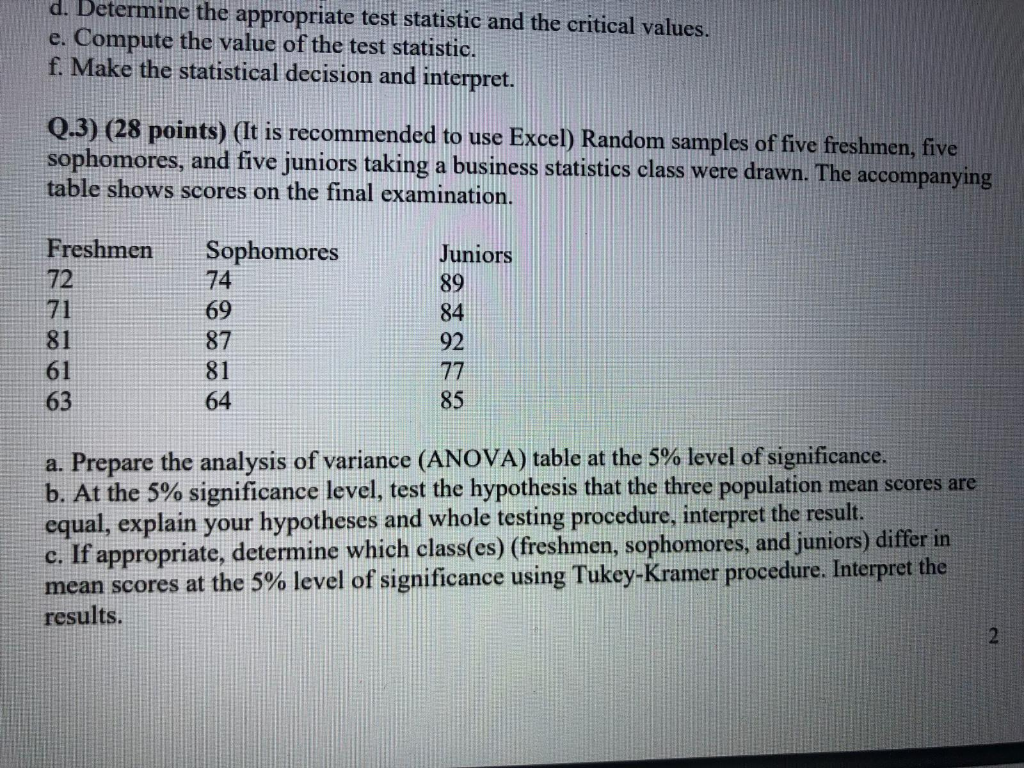 Solved d. Determine the appropriate test statistic and the | Chegg.com