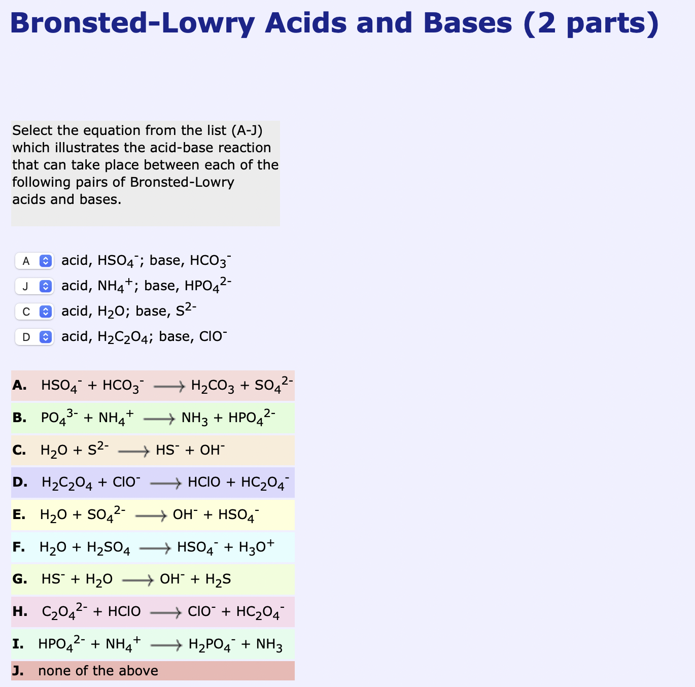 Solved Bronsted-Lowry Acids and Bases (2 parts) Select the | Chegg.com