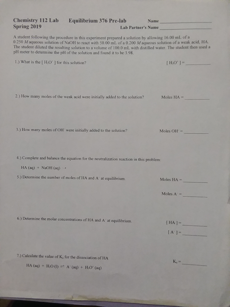 Solved Chemistry 112 Lab Equilibrium 376 Pre-lalb Spring | Chegg.com
