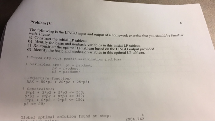 Solved Problem IV. 6 with Pae is the LINGO input and output | Chegg.com