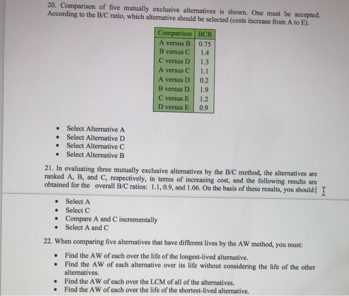 Solved 11. In comparing mutually exclusive alternatives by | Chegg.com