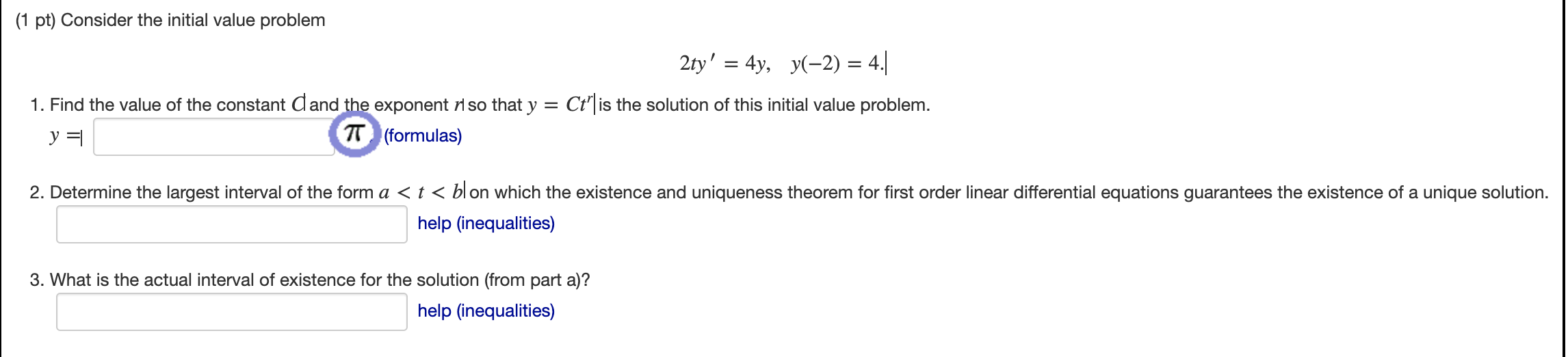 Solved (1 pt) Consider the initial value problem 2ty' = 4y, | Chegg.com