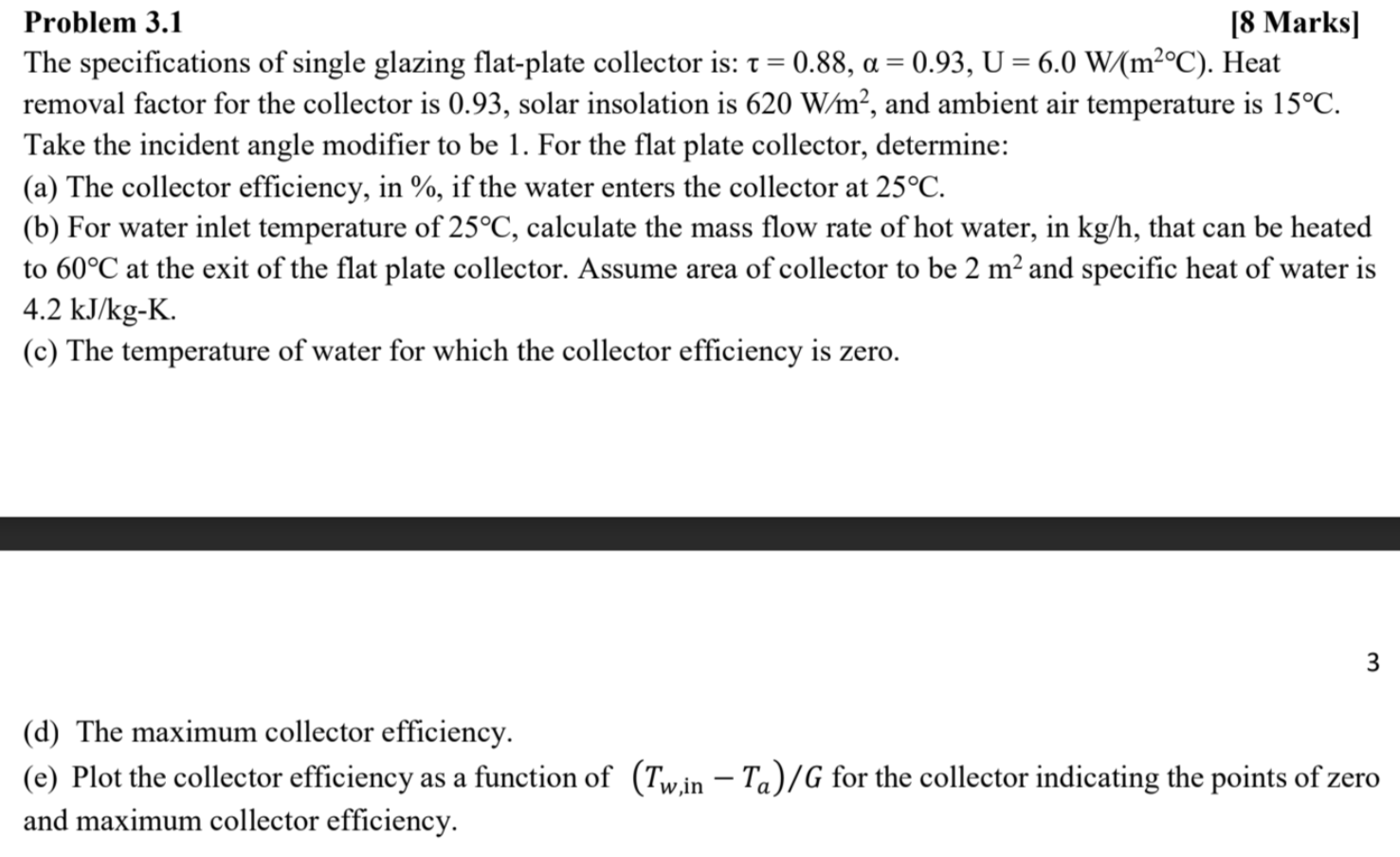 Solved The specifications of single glazing flat-plate | Chegg.com
