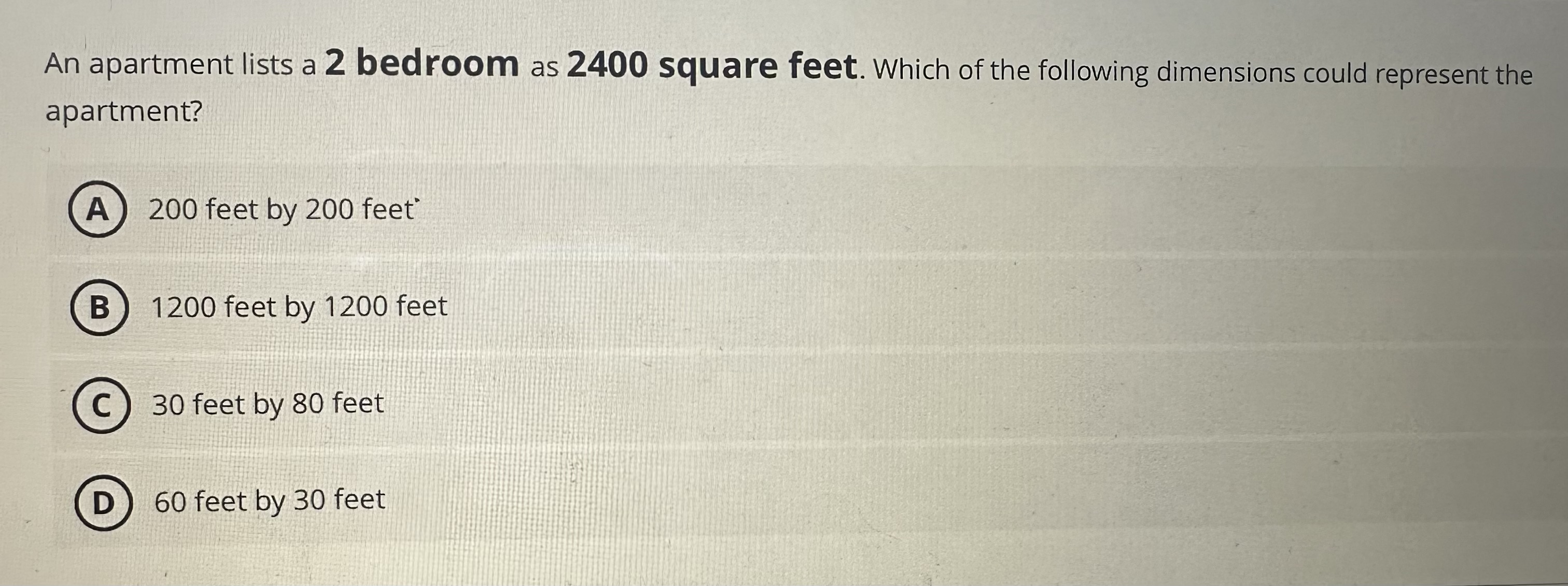 Solved An apartment lists a 2 bedroom as 2400 square feet. | Chegg.com