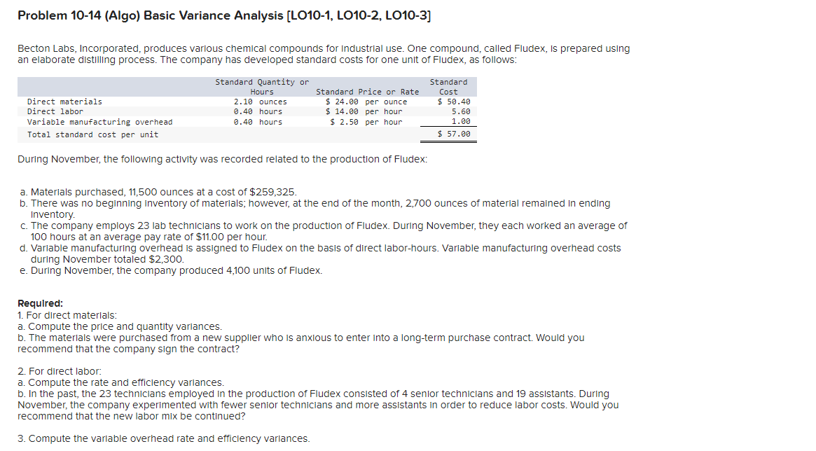 Solved Problem 10-14 (Algo) Basic Variance Analysis [LO10-1, | Chegg.com