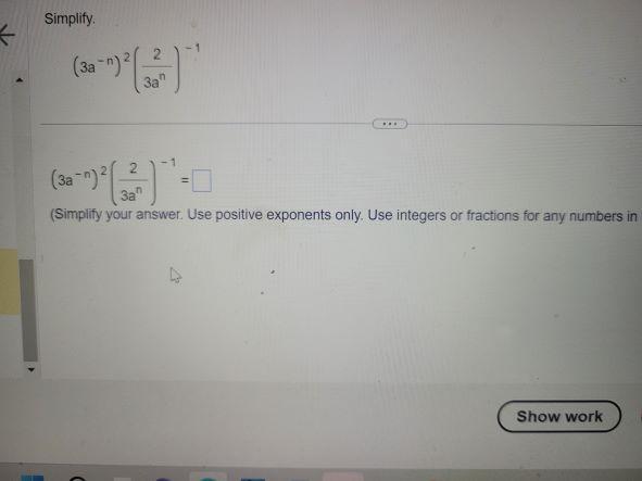 Solved Simplify. (3a−n)2(3an2)−1 (3a−n)2(3an2)−1= (Simplify | Chegg.com