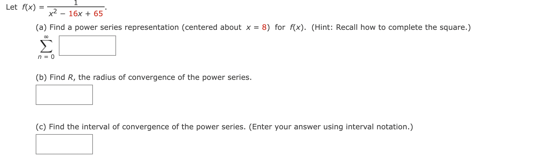 Solved Let f(x)=1x2-16x+65(a) ﻿Find a power series | Chegg.com