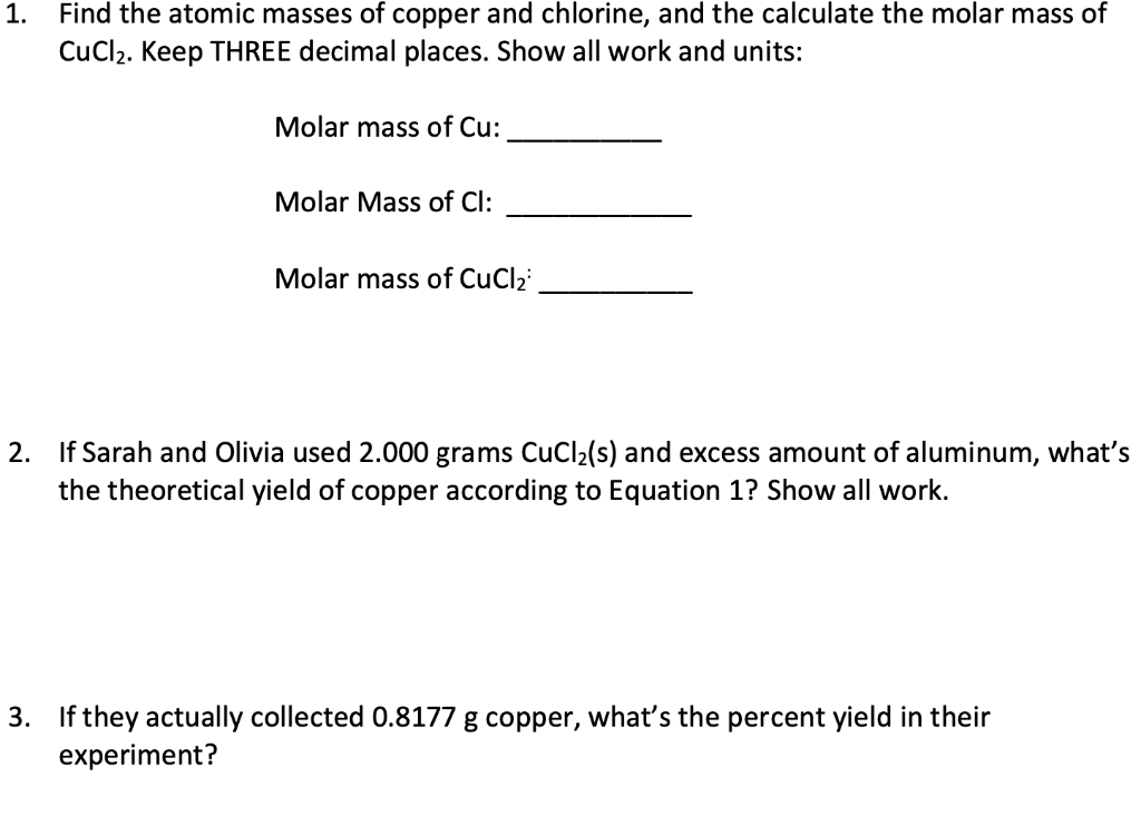 Solved 3CuCl2(aq) + 2Al(s) + 3Cu(s) + 2AlCl3(aq) (Equation | Chegg.com