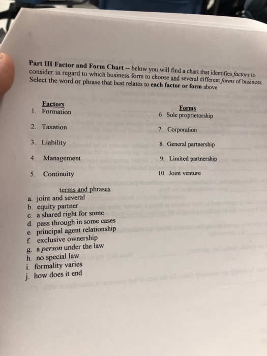 Solved Part III Factor and Form Chart-below you will find a | Chegg.com