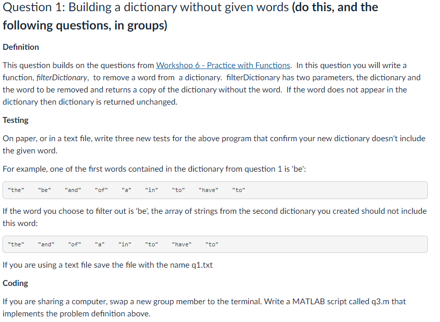 Solved Question 1: Building a dictionary without given words | Chegg.com